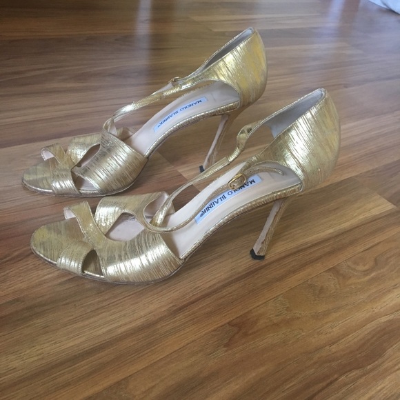 Manolo Blahnik | Shoes | Mano Blahnik Gold Strappy Heals Worn Once 4 ...